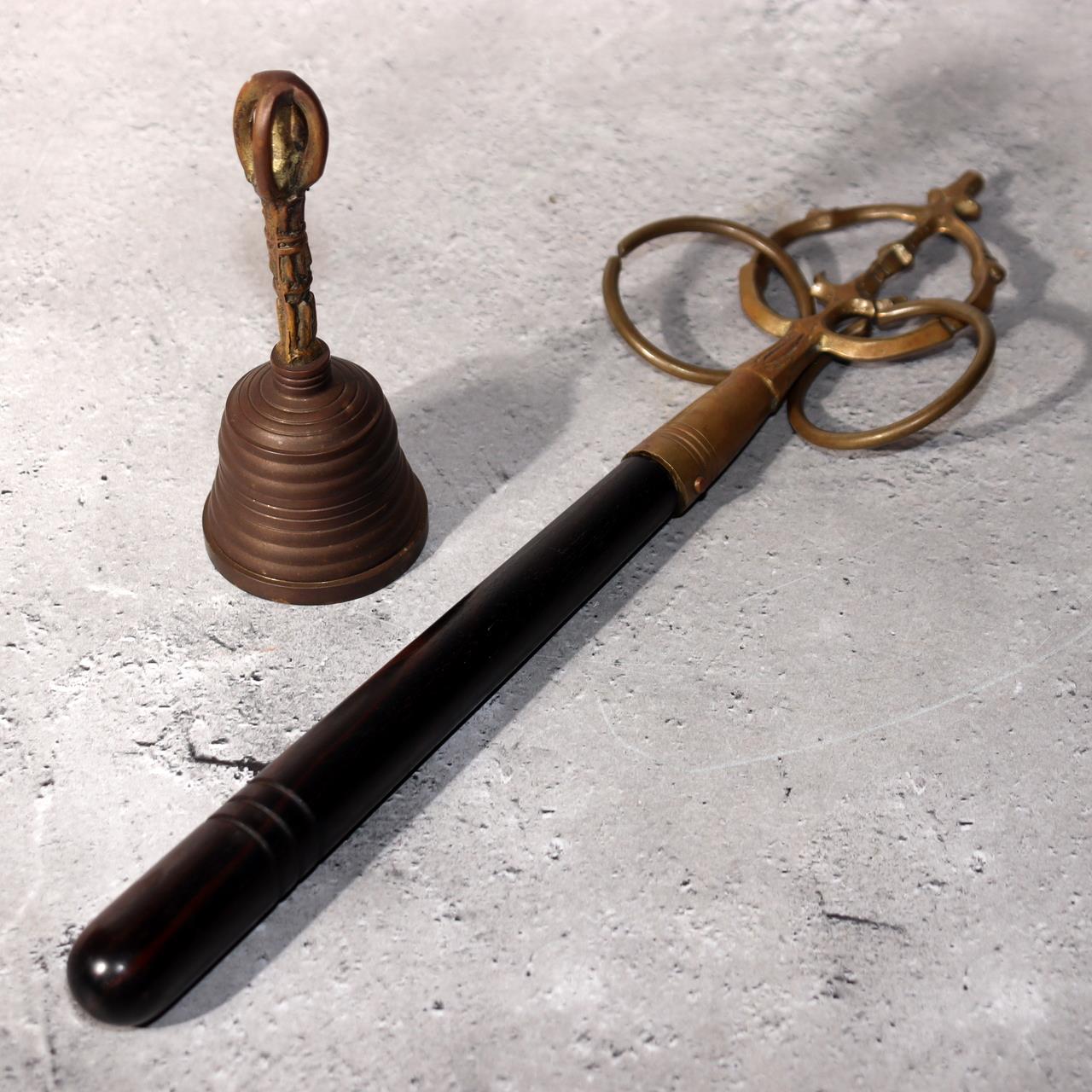 Japanese Buddhist Ritual Tool Set Bronze Shakujo Staff & Bell Vajra Te