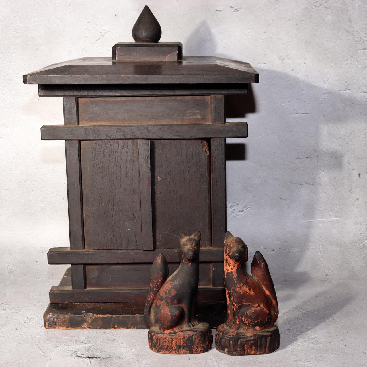 Japanese Shinto Inari Fox Statues with Wooden Zushi Shrine Edo Period