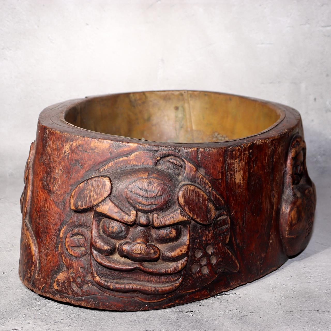 Japanese Wooden Hibachi Brazier Hand-Carved Cat, Lion, Daruma & Noh Ma