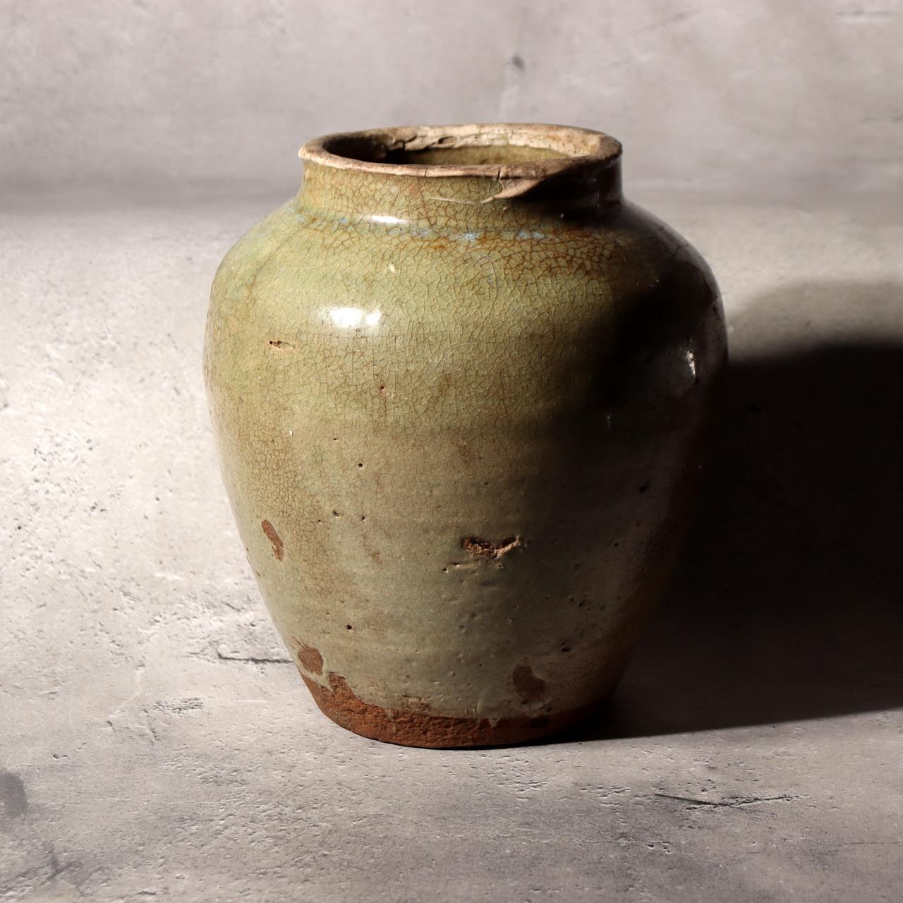 Antique Japanese Kyushu Pottery Jar Tsubo Green Ash Glaze Edo Era
